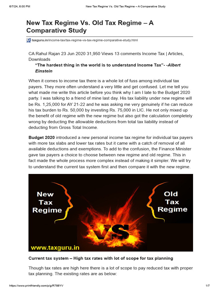 New Tax Regime Vs Old Tax Regime A Comparative Study Pdf Taxes