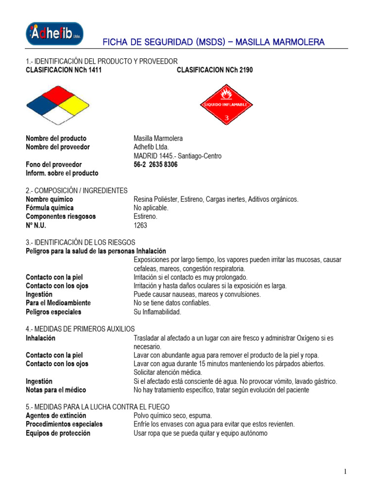 F.SEGURIDAD - MASILLA MARMOLERA (MSDS) (1) | PDF | Ventilación ...