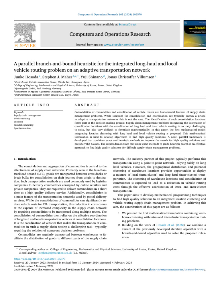 A Parallel Branch And Bound Heuristic For The Integrated L 2024 Computers Pdf Transport 