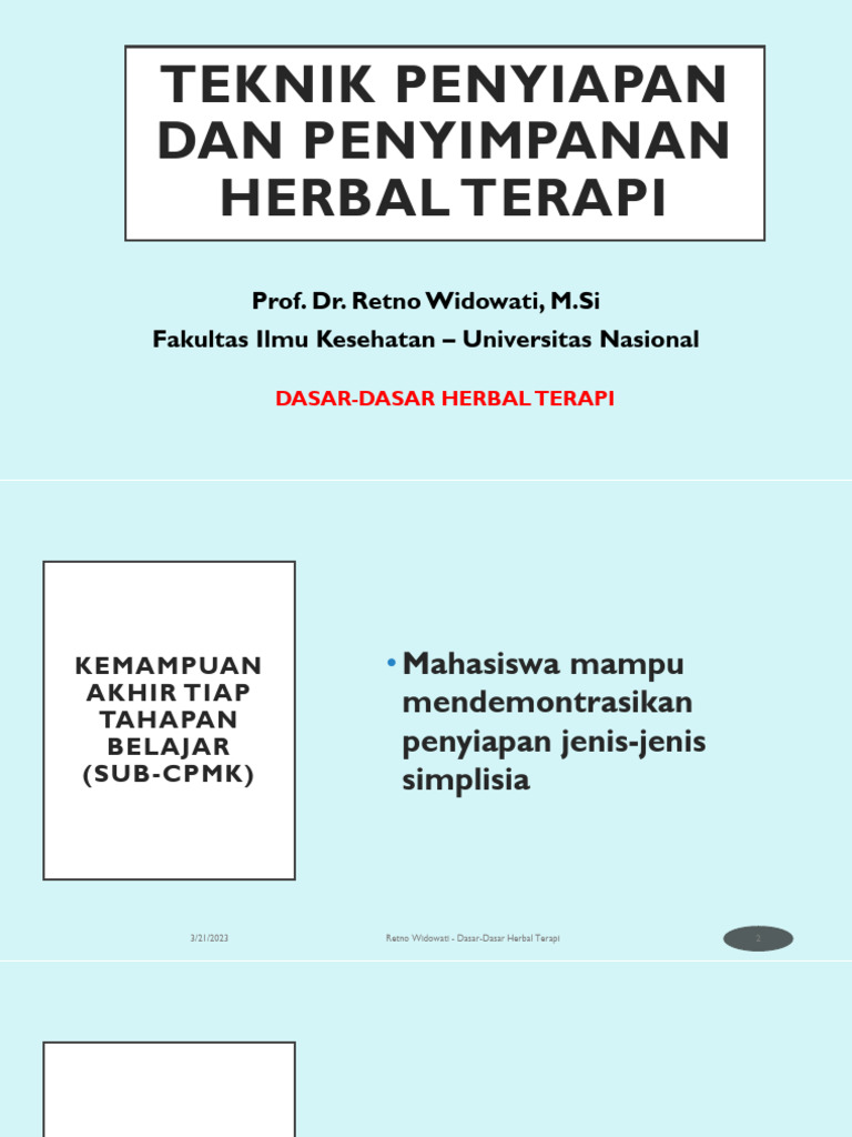 MATERI KULIAH MINGGU 3 Teknik Penyiapan Dan Penyimpanan Bahan Herbal Terapi - 2024 | PDF | Griya ...