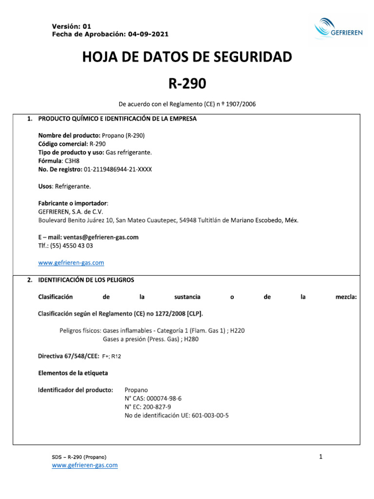 hoja seguridad R290 | PDF