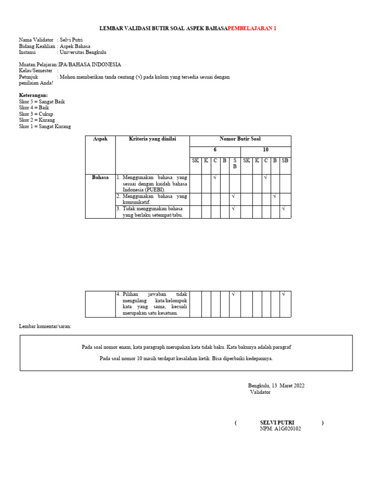 VALIDASI ASPEK BAHASA Desi | PDF