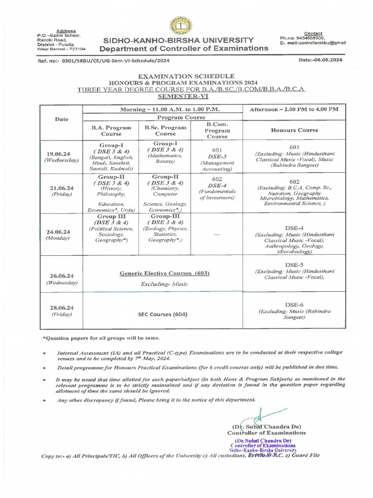 Ug Sem-Vi Examination Schedule, 2024 | PDF
