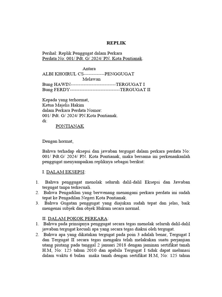 Contoh Replik Penggugat1 Perdata | PDF