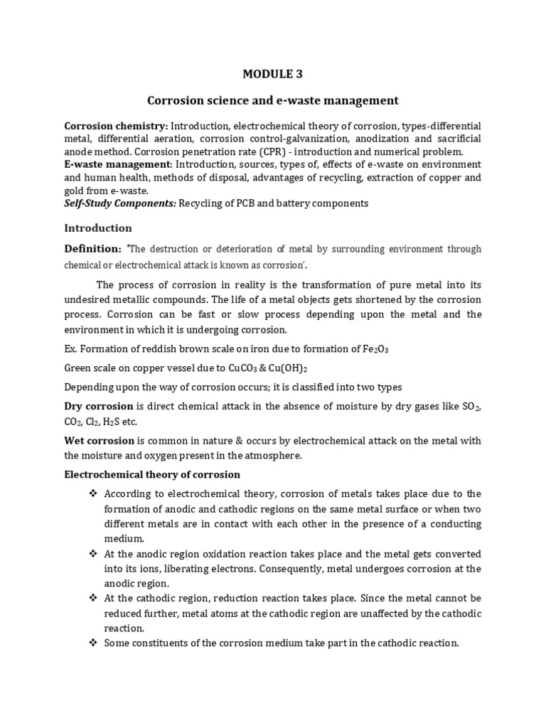 MODULE 3 Corrosion Science and E-Waste Management | PDF | Corrosion | Anode