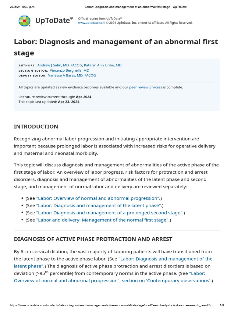 Labor - Diagnosis and Management of An Abnormal First Stage - UpToDate ...
