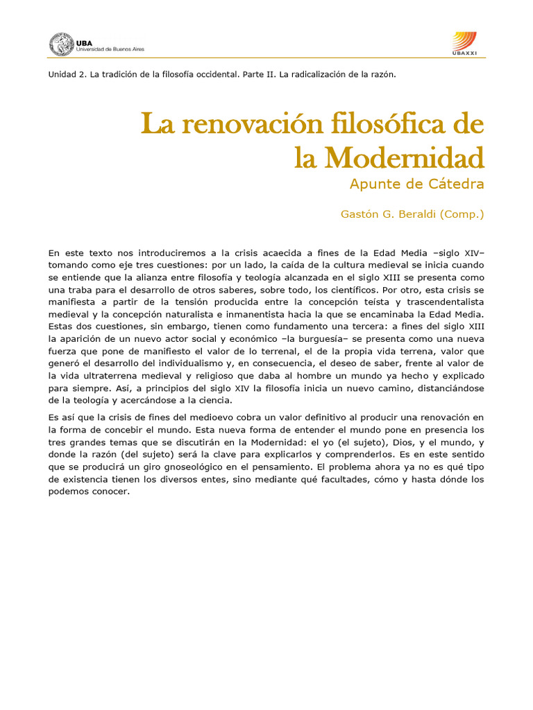 Unidad 2. Parte II. La Renovación Filosófica de La Modernidad (Campus) | PDF | Metafísica ...