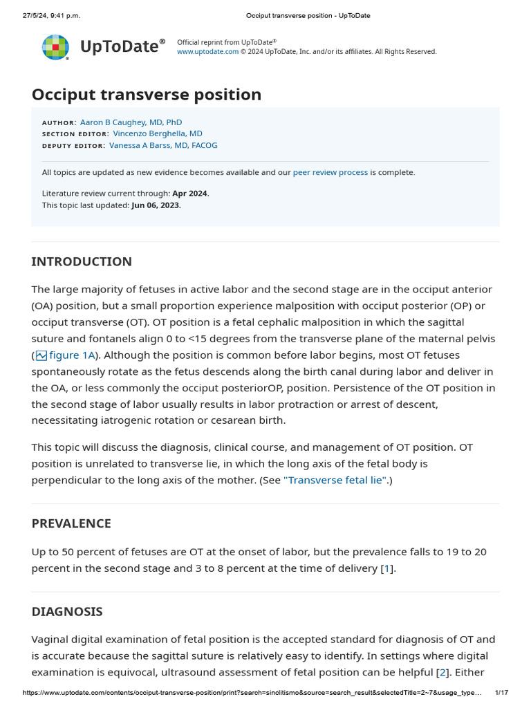 Occiput transverse position - UpToDate | PDF | Maternal Health | Obstetrics