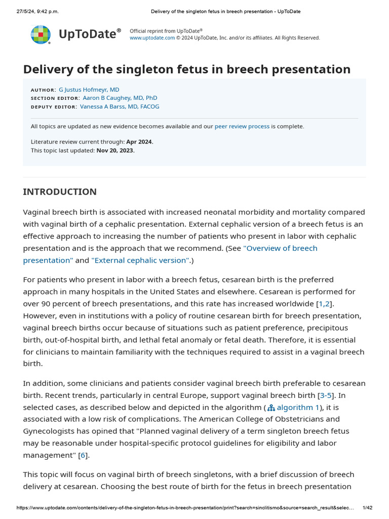 Delivery of The Singleton Fetus in Breech Presentation - UpToDate | PDF ...
