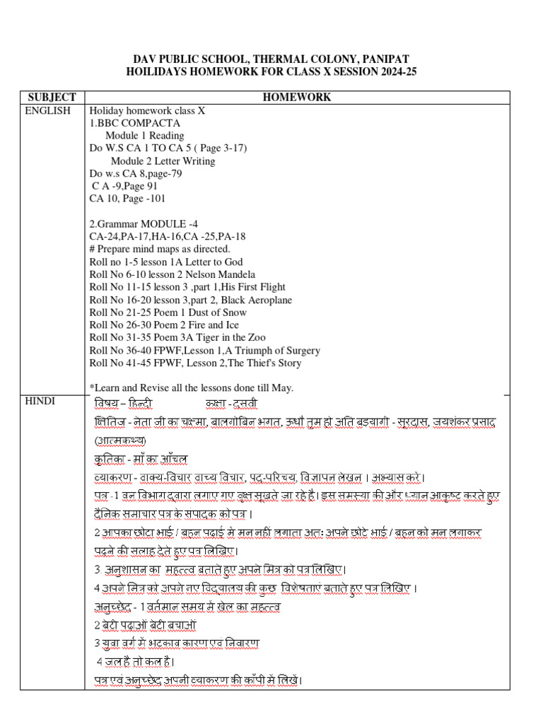 Class 10 Holiday Homework 2024-25 | PDF | Equations