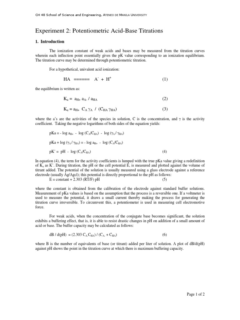 Potentiometric Acid-Base Tit Rations | PDF | Titration | Chemistry