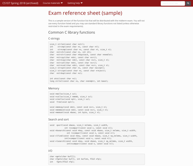 CS107 Exam Reference Sheet | PDF | Computing | Computer Science
