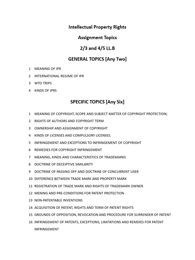 Intellectual Property Rights Assignment Topics 2/3 and 4/5 LL.B General Topics (Any Two) | PDF | Law