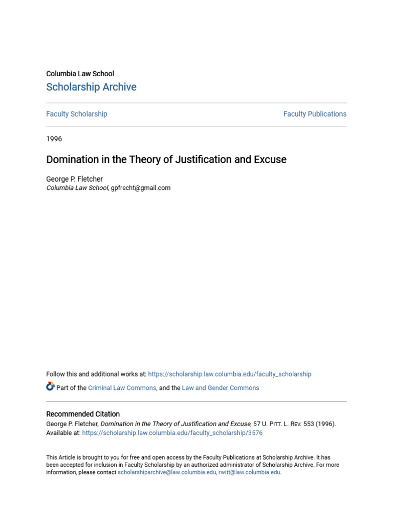 Articulo Fltecher. Domination in The Theory of Justification and Excuse en CONTRA | PDF ...