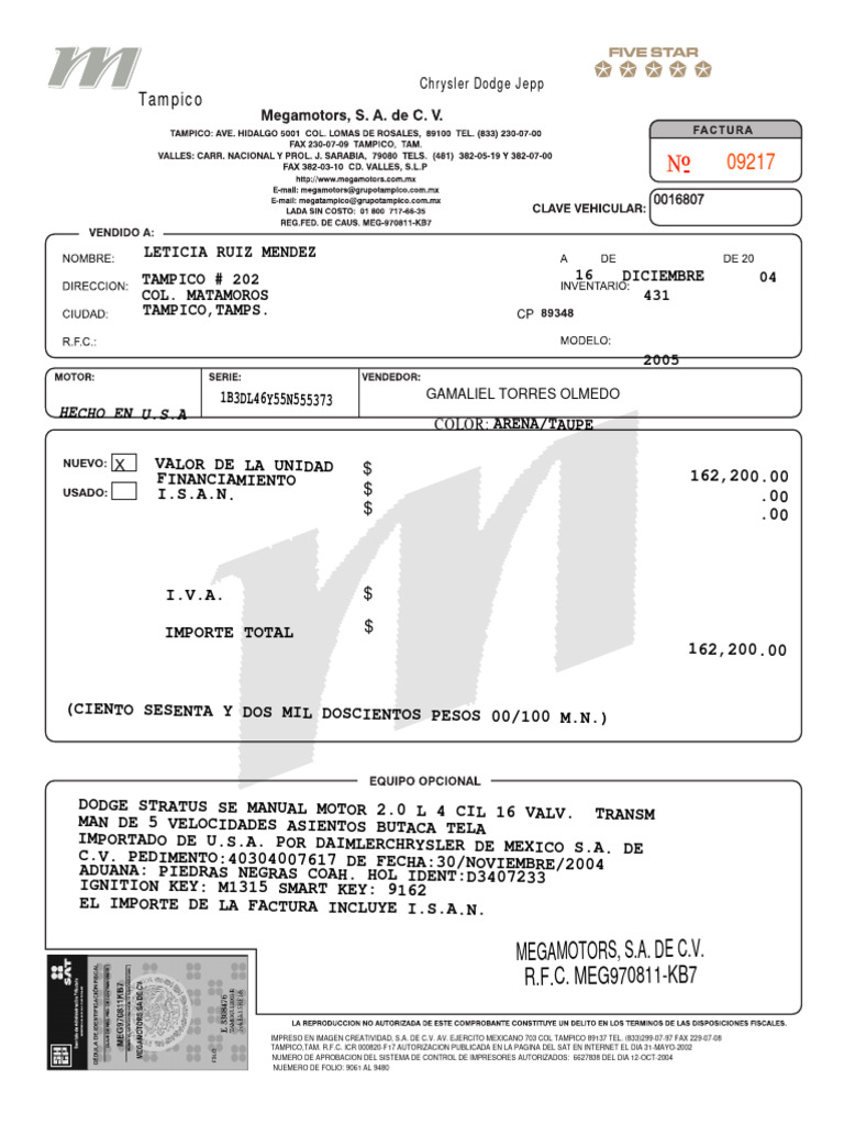 factura mega chrysler | Descargar gratis PDF | Fabricantes de vehículos ...