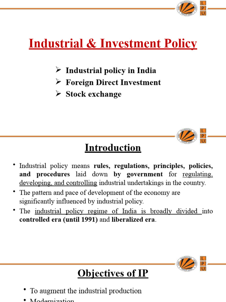 Unit4. Part 2 Industrial 0 Investment Policy | PDF | Securities (Finance) | Foreign Direct ...