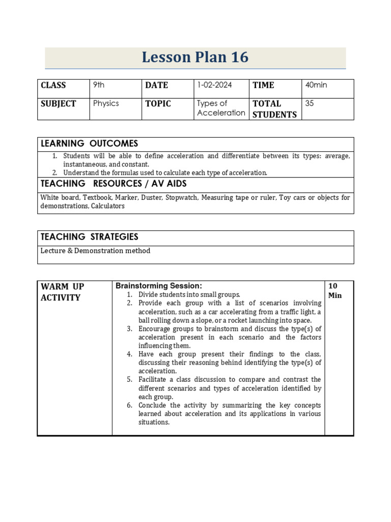Lesson Plan 16 Physics | PDF | Acceleration | Velocity