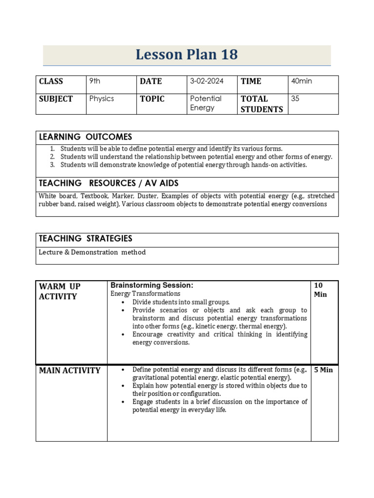 Lesson Plan 18 Physics | Download Free PDF | Potential Energy | Lesson Plan
