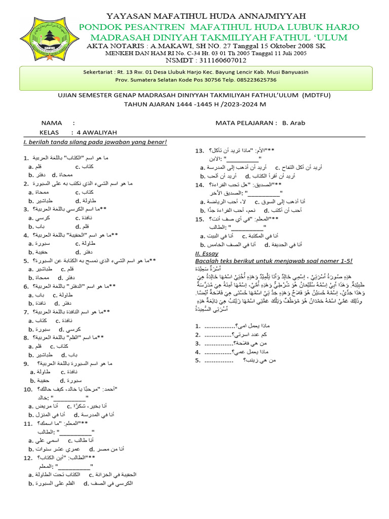 Soal Bahasa Arab Kls 4 Awaliyah | PDF