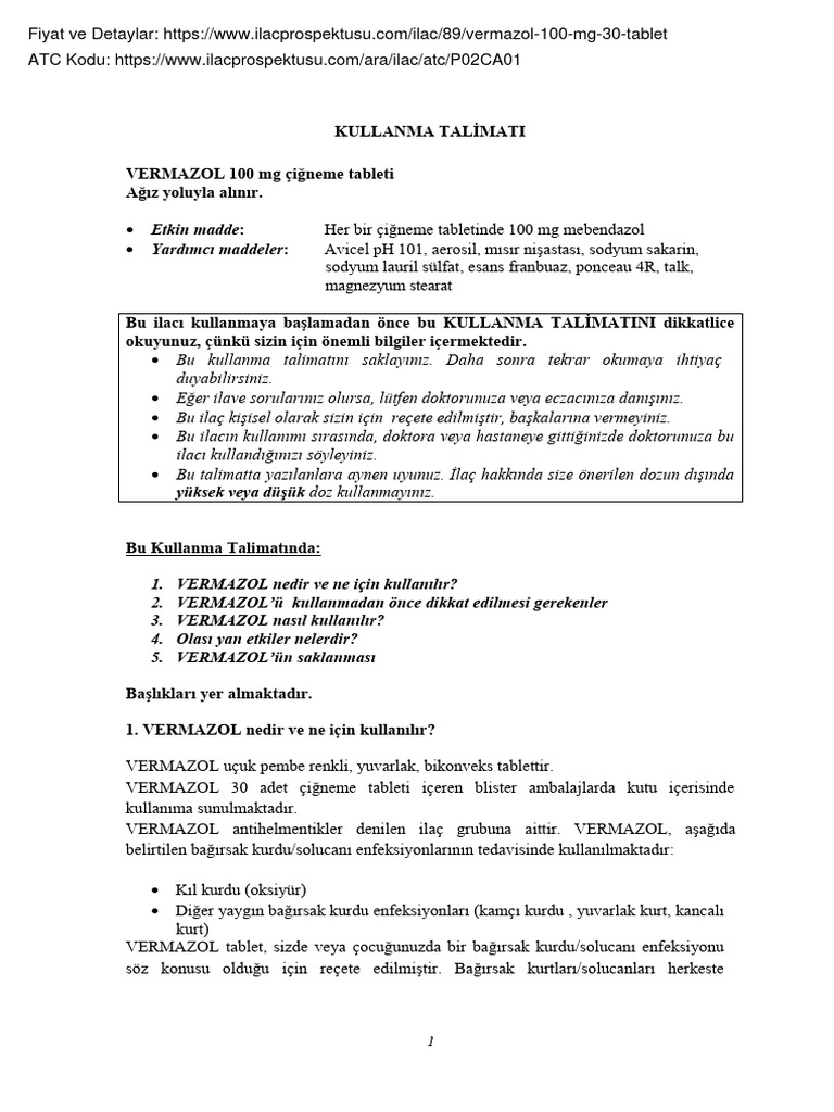 Vermazol 100 MG Cigneme Tableti KT | PDF