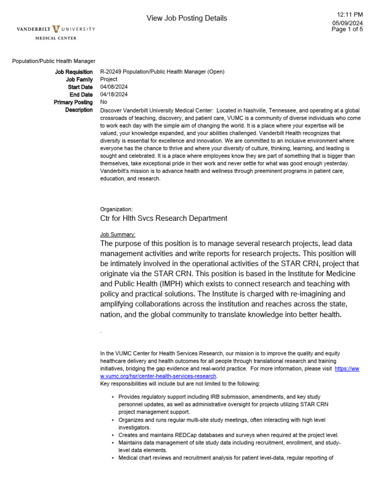 Population/Public Health Manager Role | PDF | Mentorship | Project ...