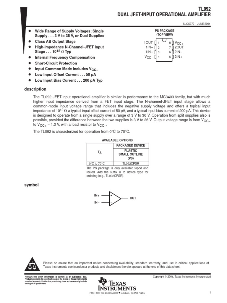 datasheet TL-092 | Download Free PDF | Operational Amplifier | Electronic Circuits