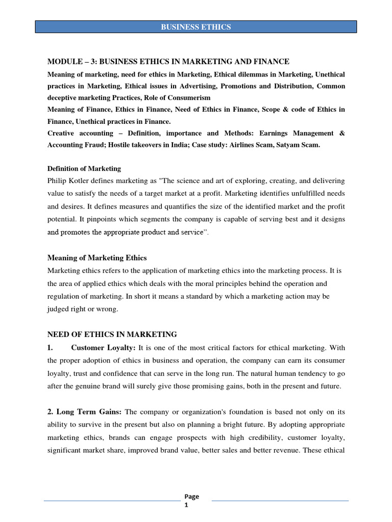 BE - MODULE 3 Business Ethics in Marketing and Finance | PDF | Marketing | Consumerism