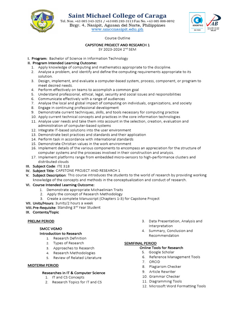 It 318 - Capstone Project and Research 1 - Course Outline | PDF ...