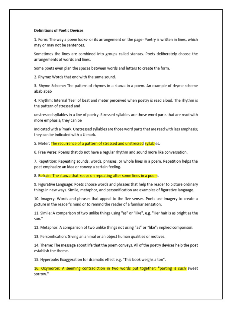 Definitions of Poetic Devices | Download Free PDF | Poetry | Stress ...