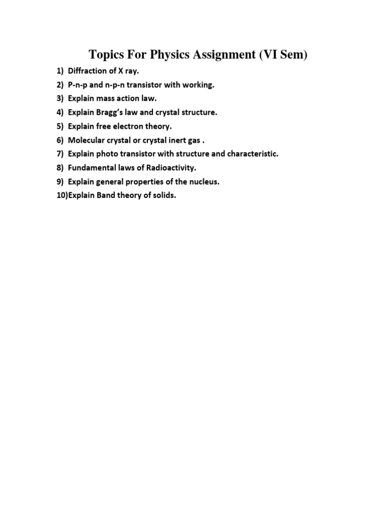 Physics Assignment Topics for VI Sem | PDF