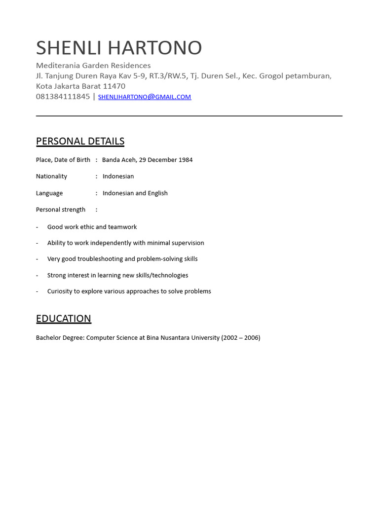 Resume Shenli Hartono | PDF | Application Software | Java (Programming Language)