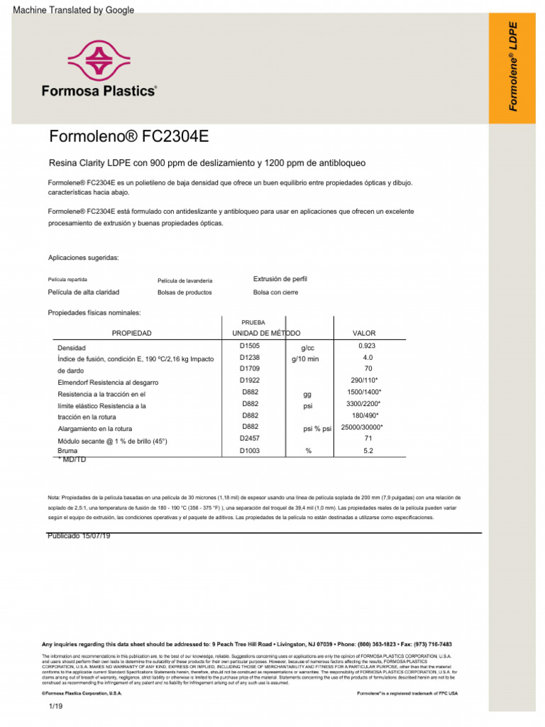 Formolene Fc2304e 1 | PDF | Extrusión | Ingeniería mecánica