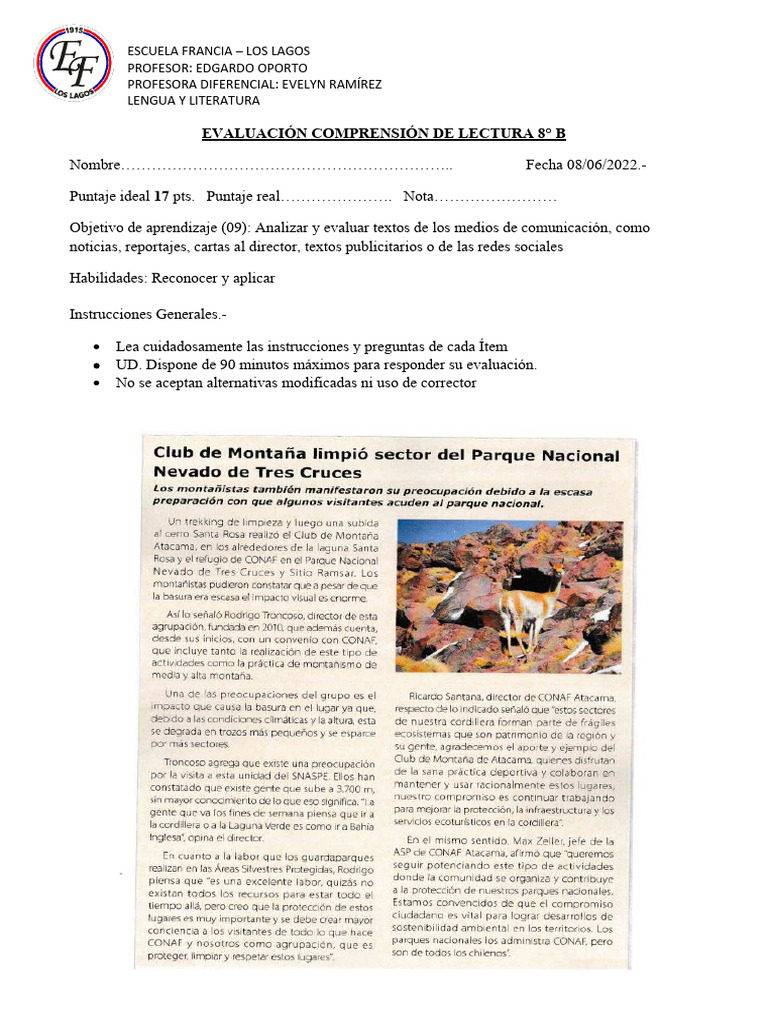Evaluación de Comprensión Lectora 8° Básico | PDF | Fruta | Vegetales