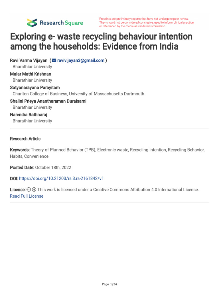 Exploring E- Waste Recycling Behaviour Intention | PDF | Waste ...