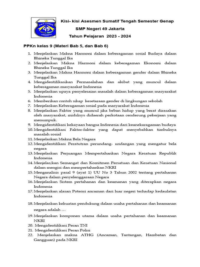 Kisi-Kisi PPKN Asts 2 Genap Siswa Kelas 9 TP 2023-2024 | PDF