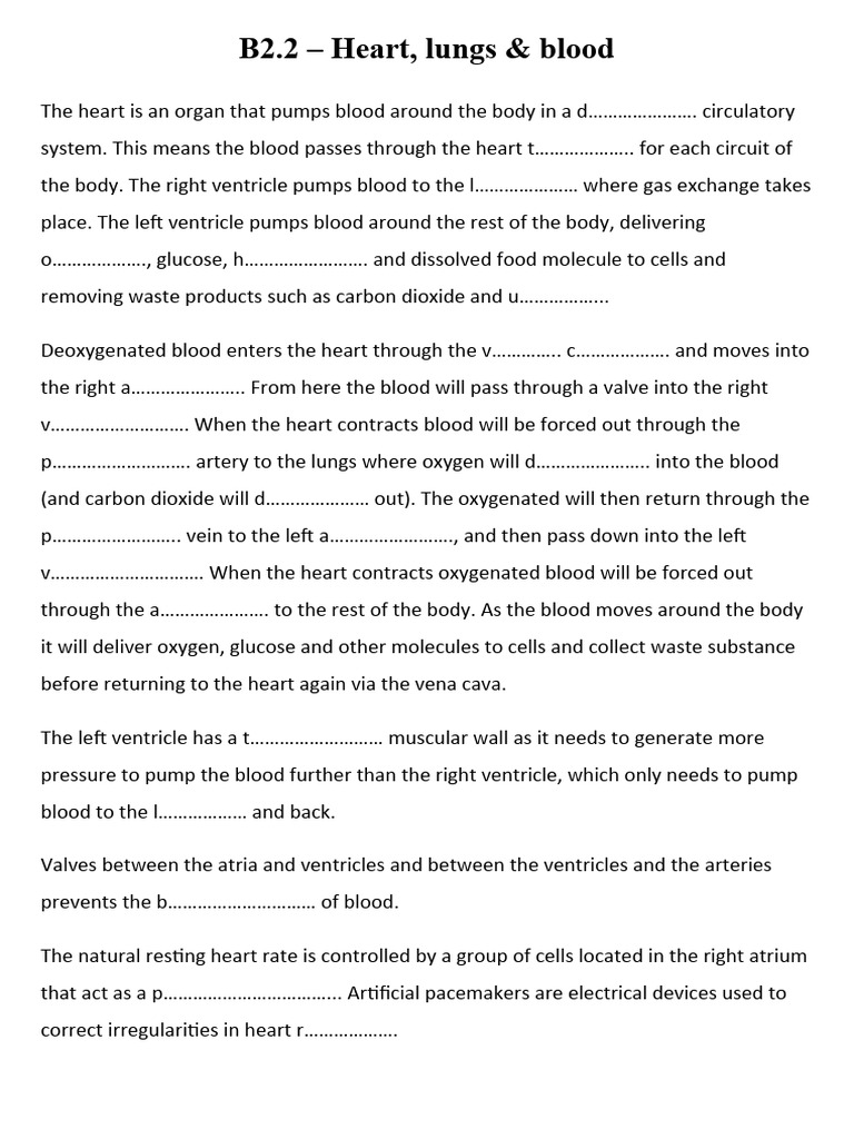 B2.2 - Heart & Blood Gap Fill 2018 (Combined & Bio) | PDF | Heart | Atrium (Heart)
