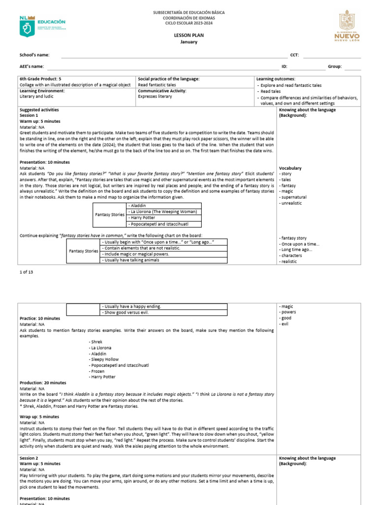 6th Grade Lesson Plan Product 5 January | PDF