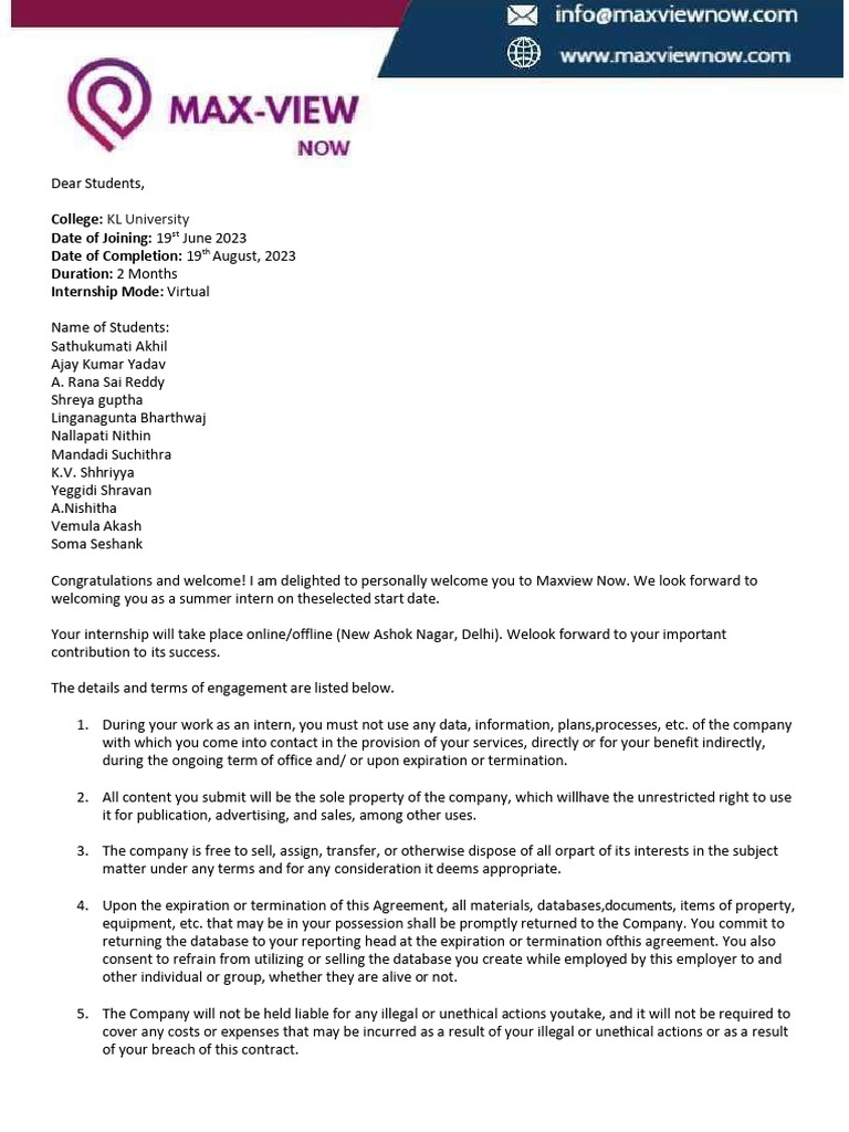 Maxview Now Offer Letter KL University_ | PDF | Internship | Job Hunting