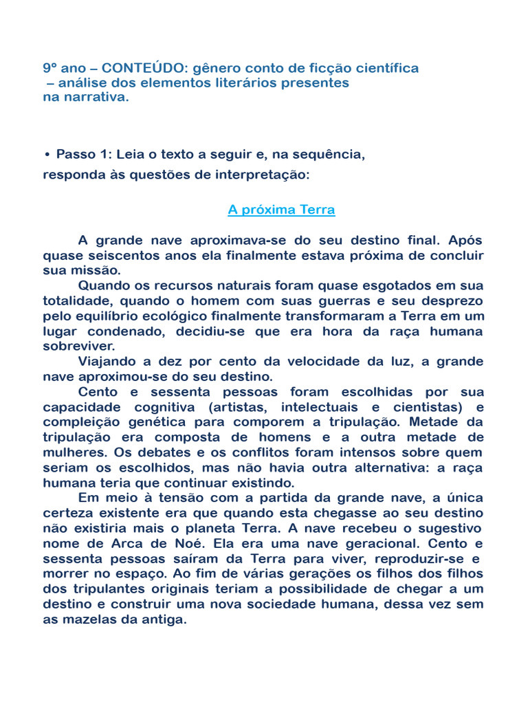 ATIVIDADE Conto de Ficção Científica - 9º ANO | PDF | Narrativa | Nave ...