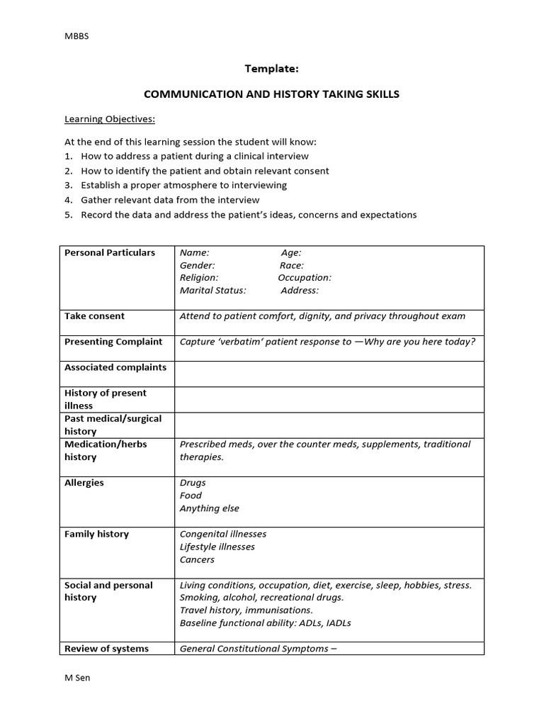 HISTORY TAKING SKILLS Template copy | PDF