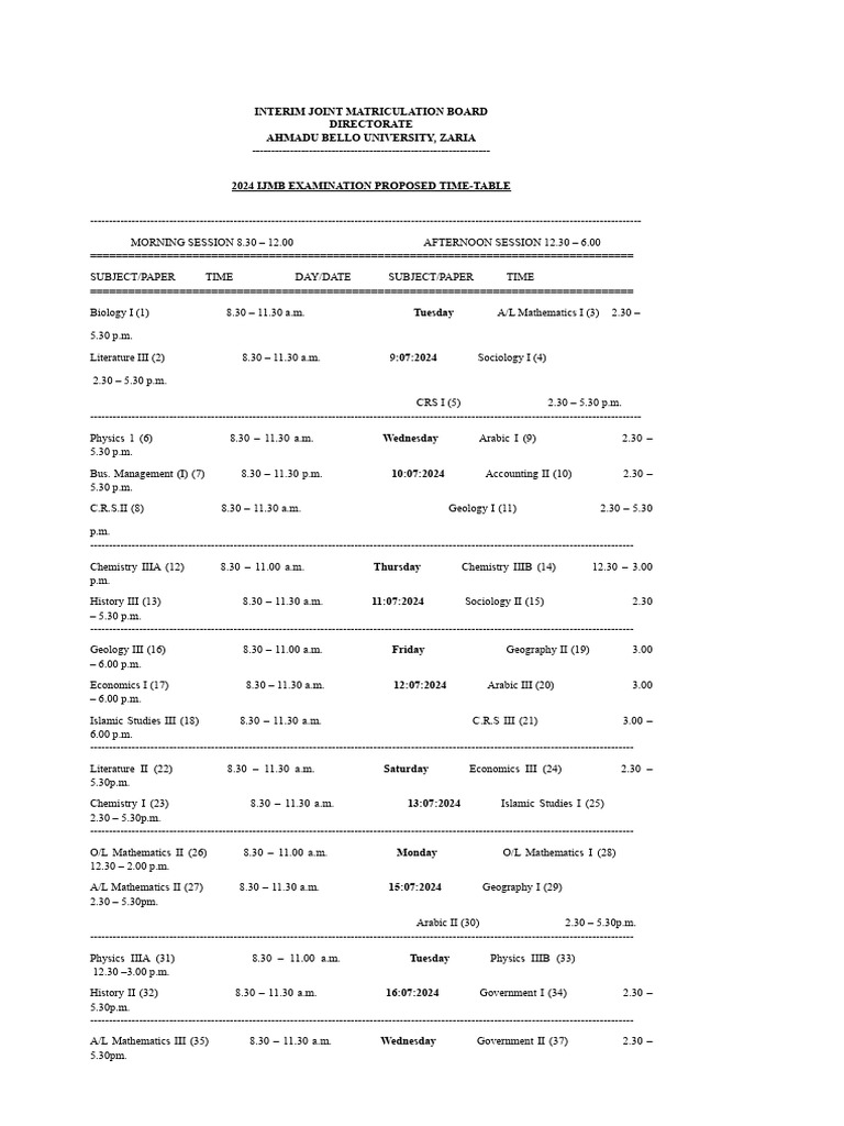 2024 Ijmb Examination Time-Table | PDF | Natural Sciences | Liberal ...