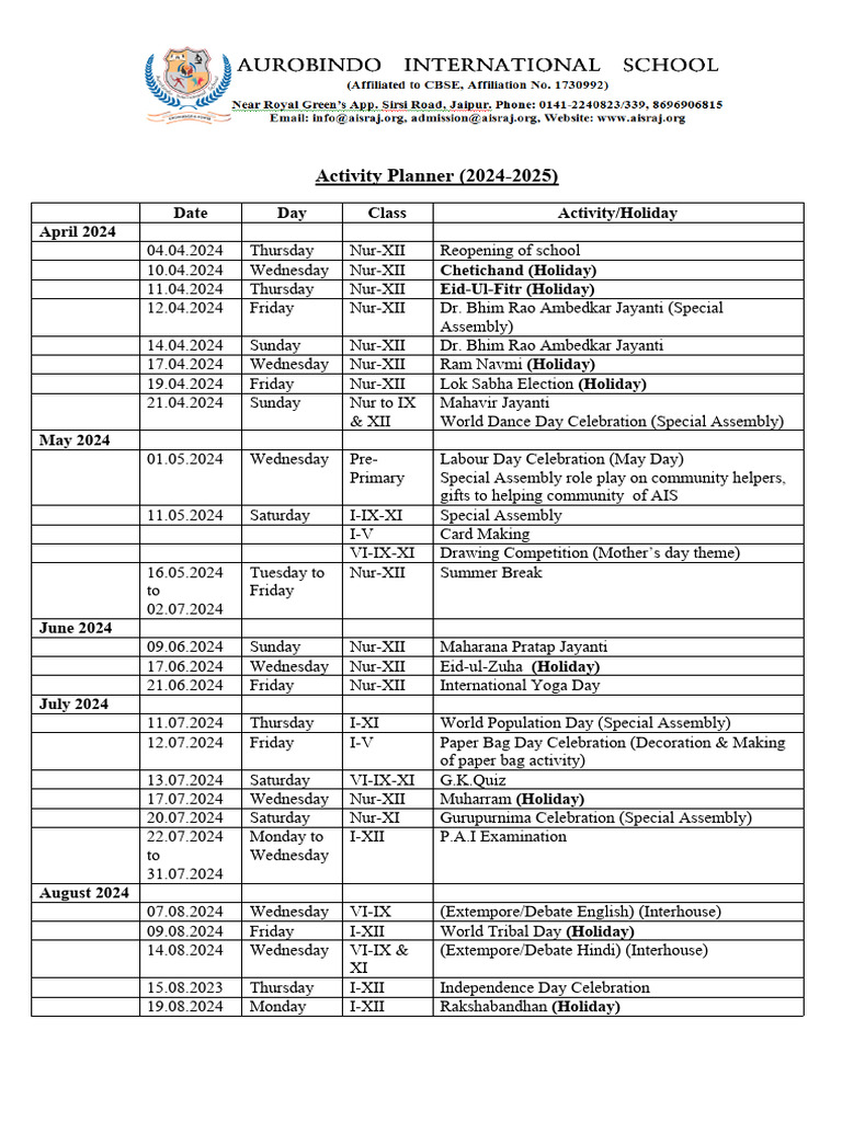 Activity Planner 2024-2025 | PDF | Observances | Festival