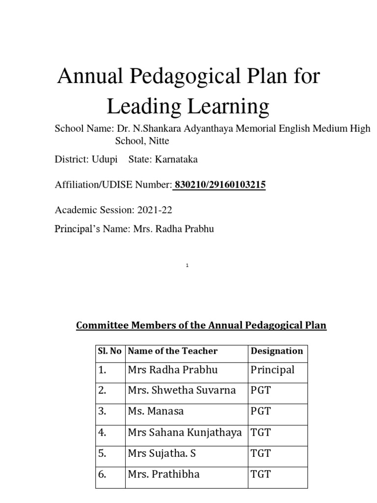 Annual Pedagogical Plan 202122 | PDF | Teachers | Learning