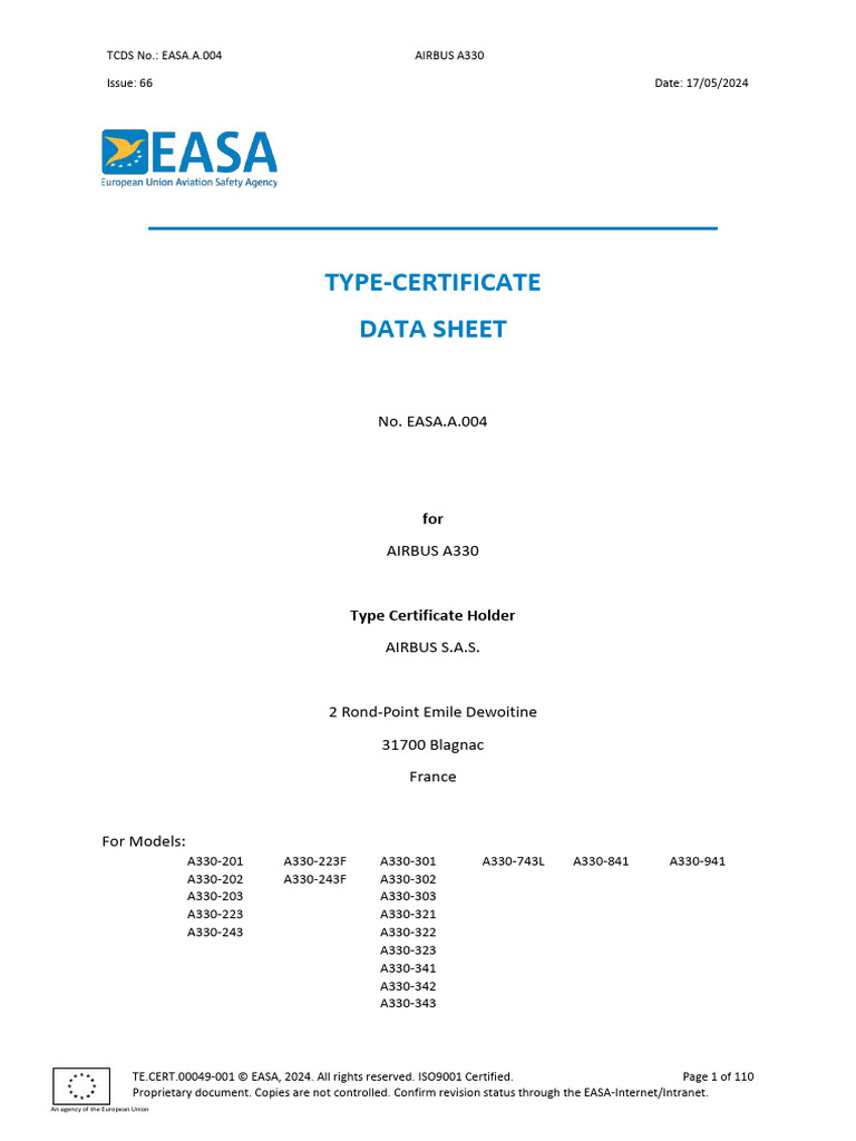 A330 EASA TCDS A.004 - Issue 66 | PDF | Transport | Aircraft