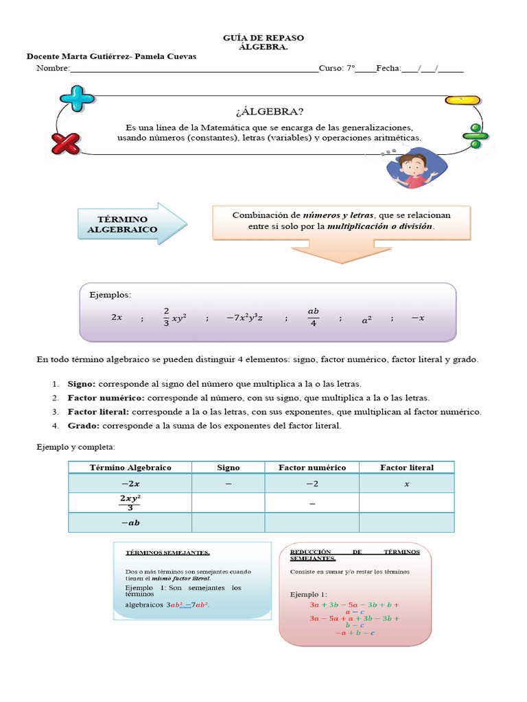 Guia de Repaso Algebra Septimo Basico | PDF | Ecuaciones | Fórmula