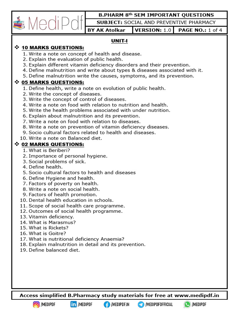 Social and Preventive Pharmacy-Imp Questions | PDF | Malnutrition ...