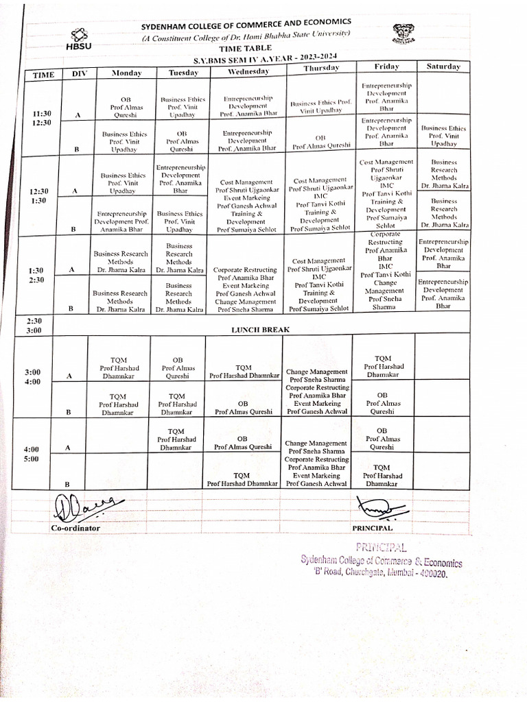 Sybms Time Table Sem IV 2024 | PDF