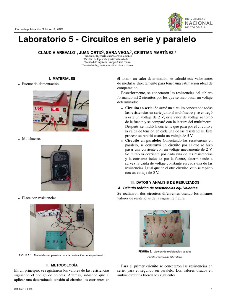 Laboratorio 5 Circuitos en Serie y Paralelo | PDF | Resistencia ...