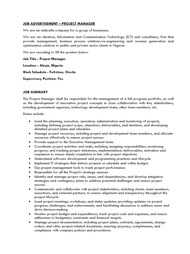 Job Advertisement_project Manager | PDF | Project Management | Business