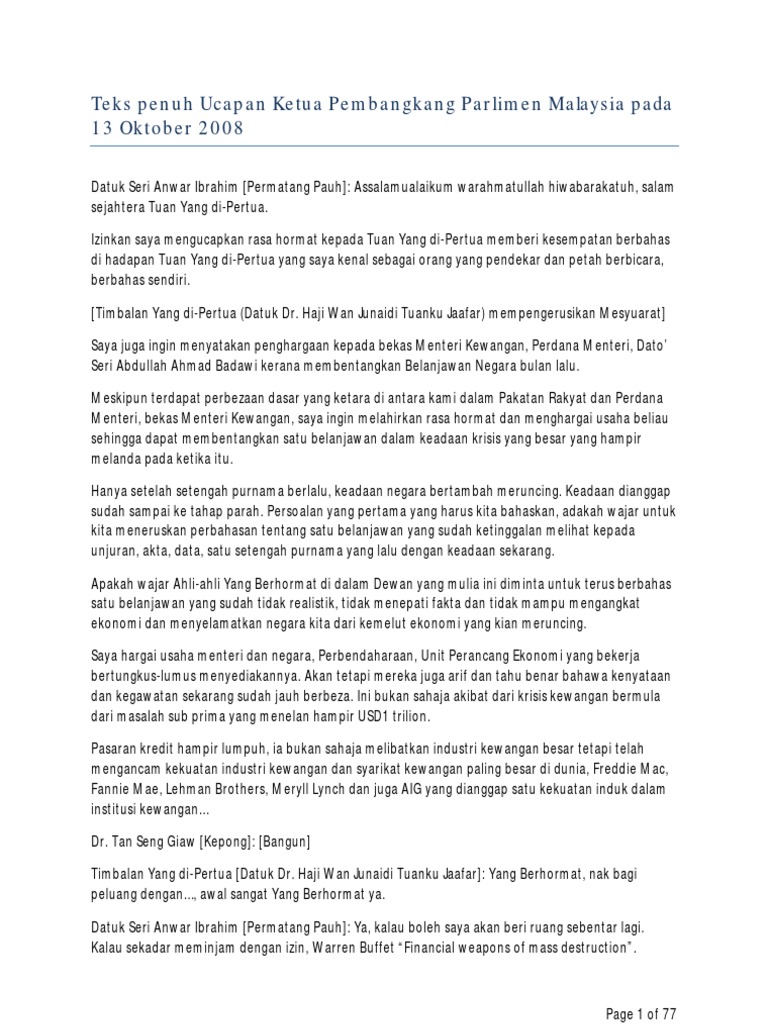 Teks Penuh Ucapan Ketua Pembangkang Parlimen Malaysia Pada 13 Oktober ...